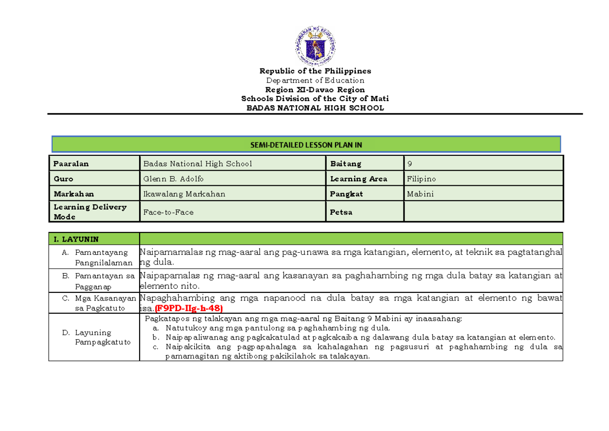 Baitang 9 Filipino Lesson Plan: Paghahambing ng Dula - LP 3 - Studocu
