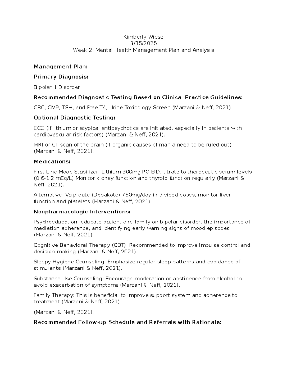 NR603 Week 2: Bipolar 1 Disorder Management Plan & Analysis - Studocu