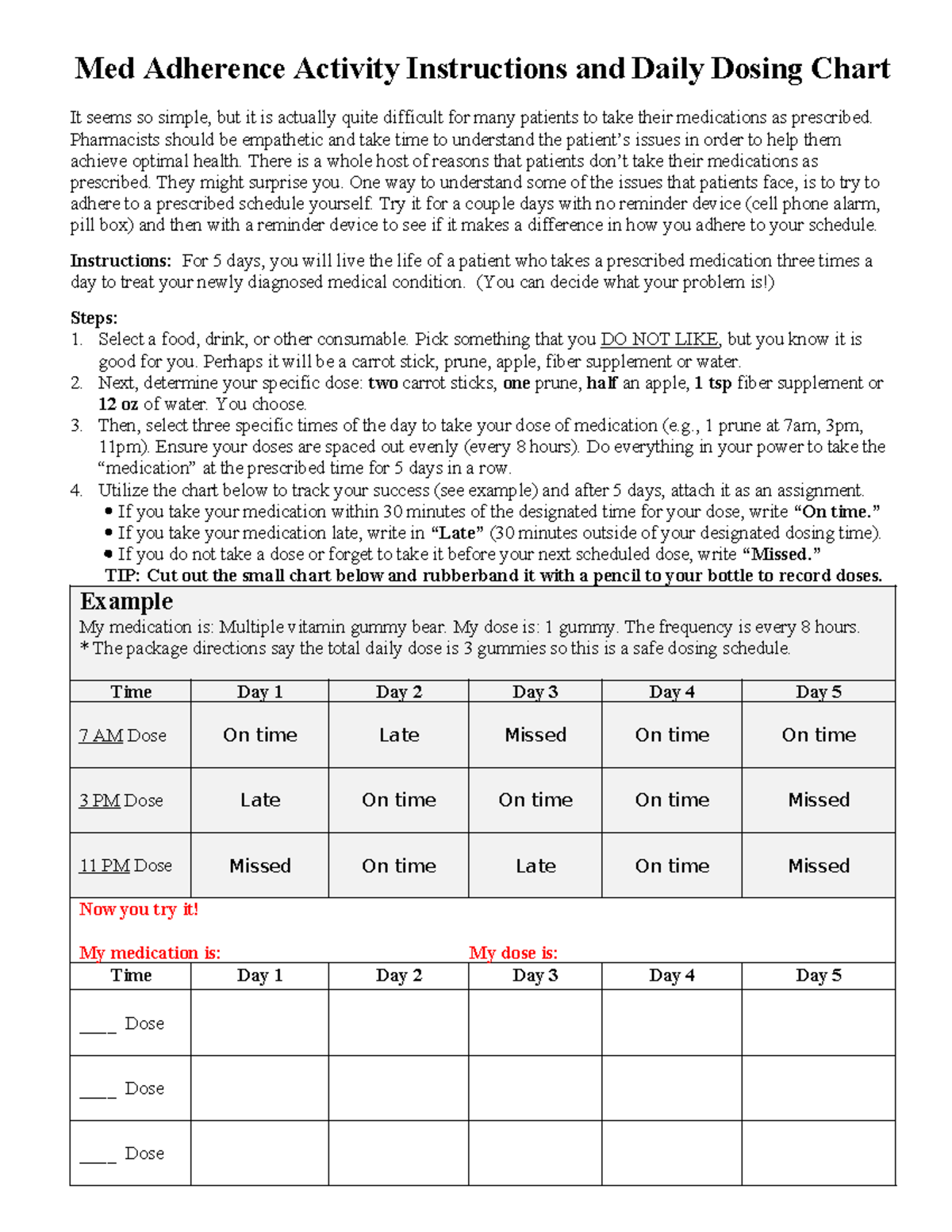 Med Adh Activity: Daily Dosing Chart & Instructions for Patients - Studocu