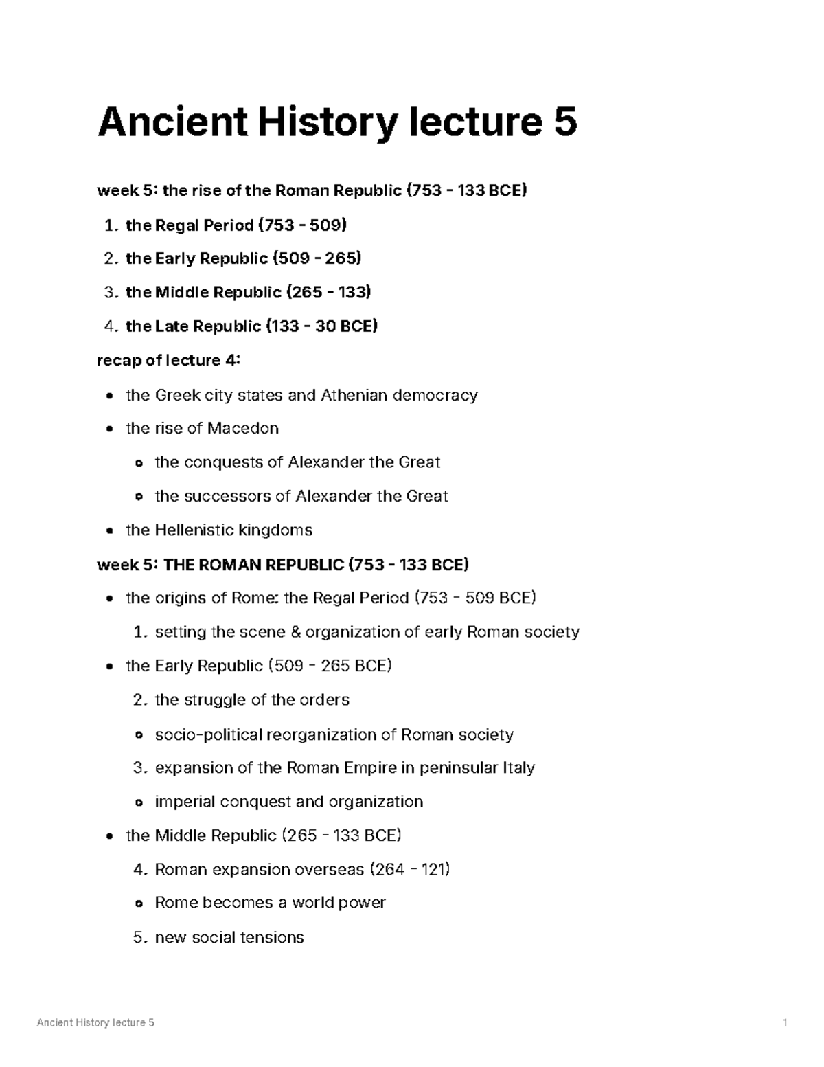Ancient History Lecture 5: The Rise of the Roman Republic (753-133 BCE ...