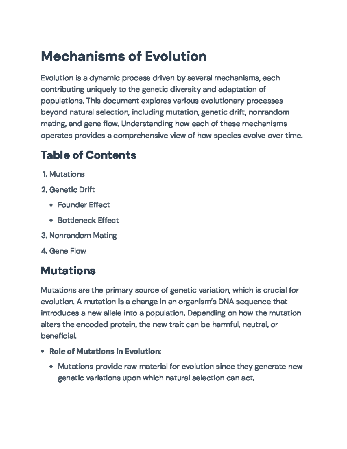 Mechanisms of Evolution: Mutation, Drift, Mating, and Gene Flow ...