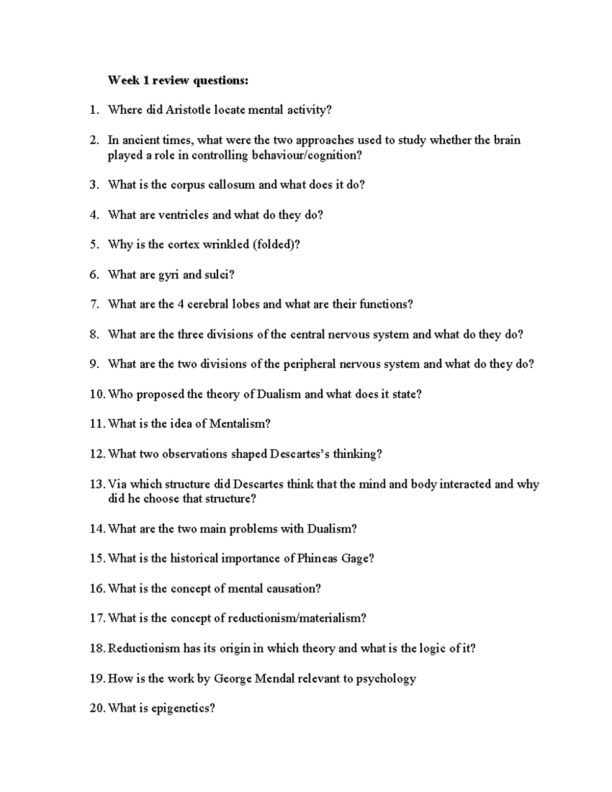 PSYC2007 Week 1 Revision Questions on Mental Activity and Brain ...