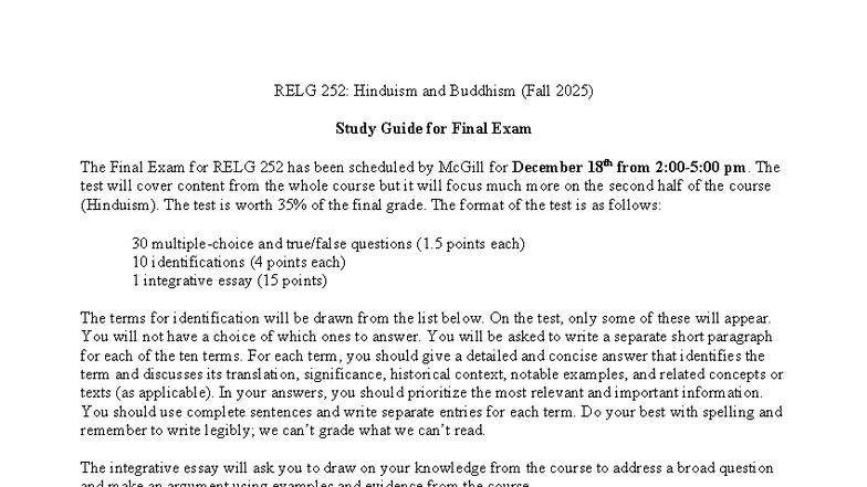 RELG 252: Hinduism & Buddhism Final Exam Study Guide (Fall 2025) - Studocu