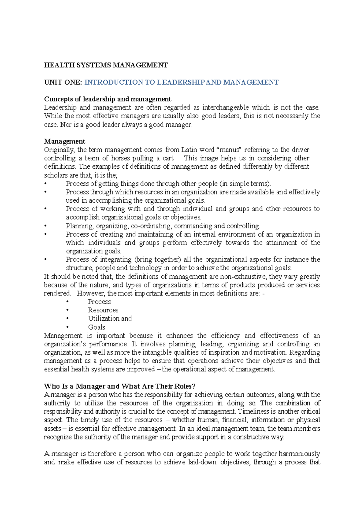 HSM 101: Key Concepts in Health Systems Management Leadership - Studocu