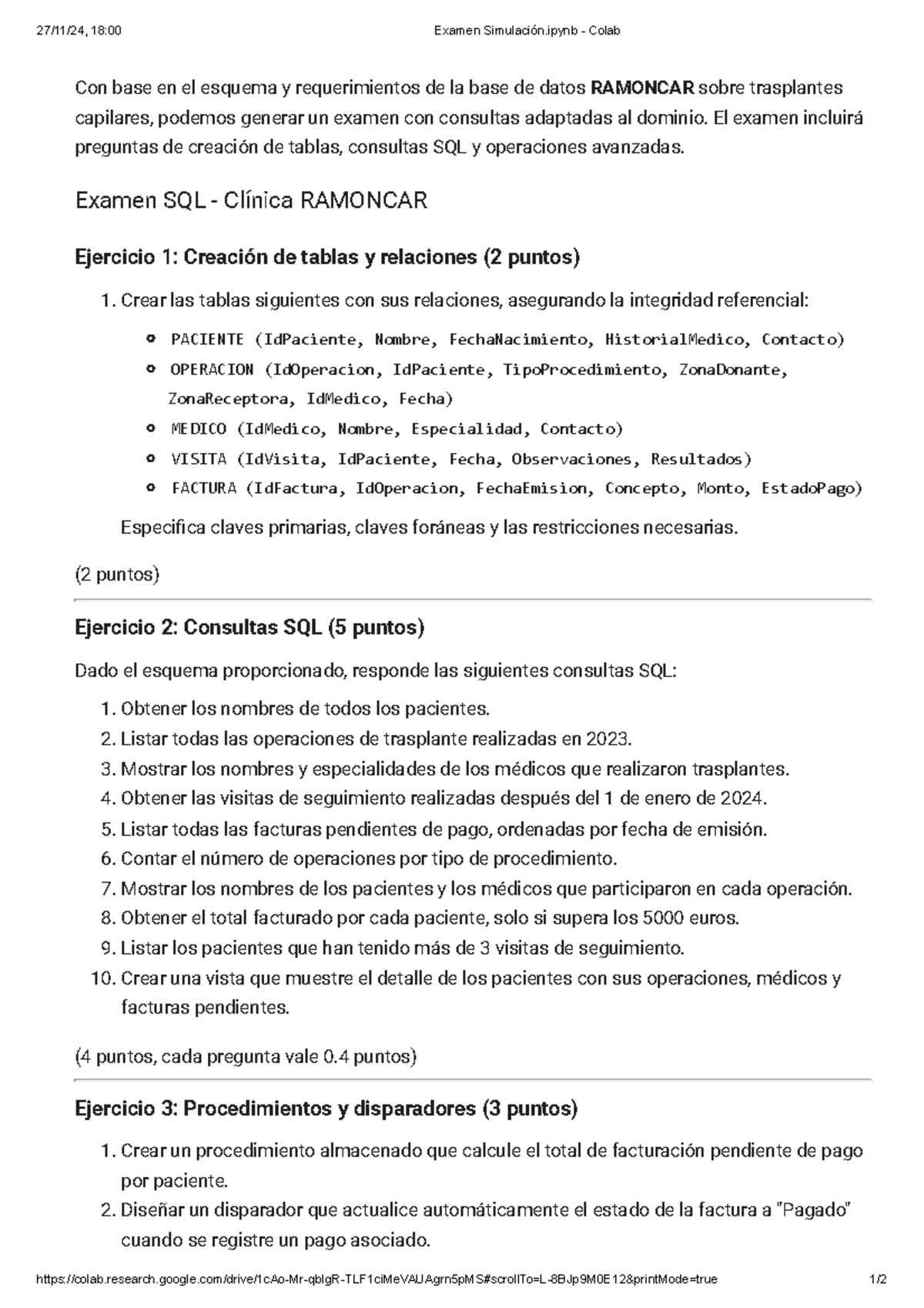 Examen SQL 18:00 - Clínica RAMONCAR: Consultas y Procedimientos - Studocu