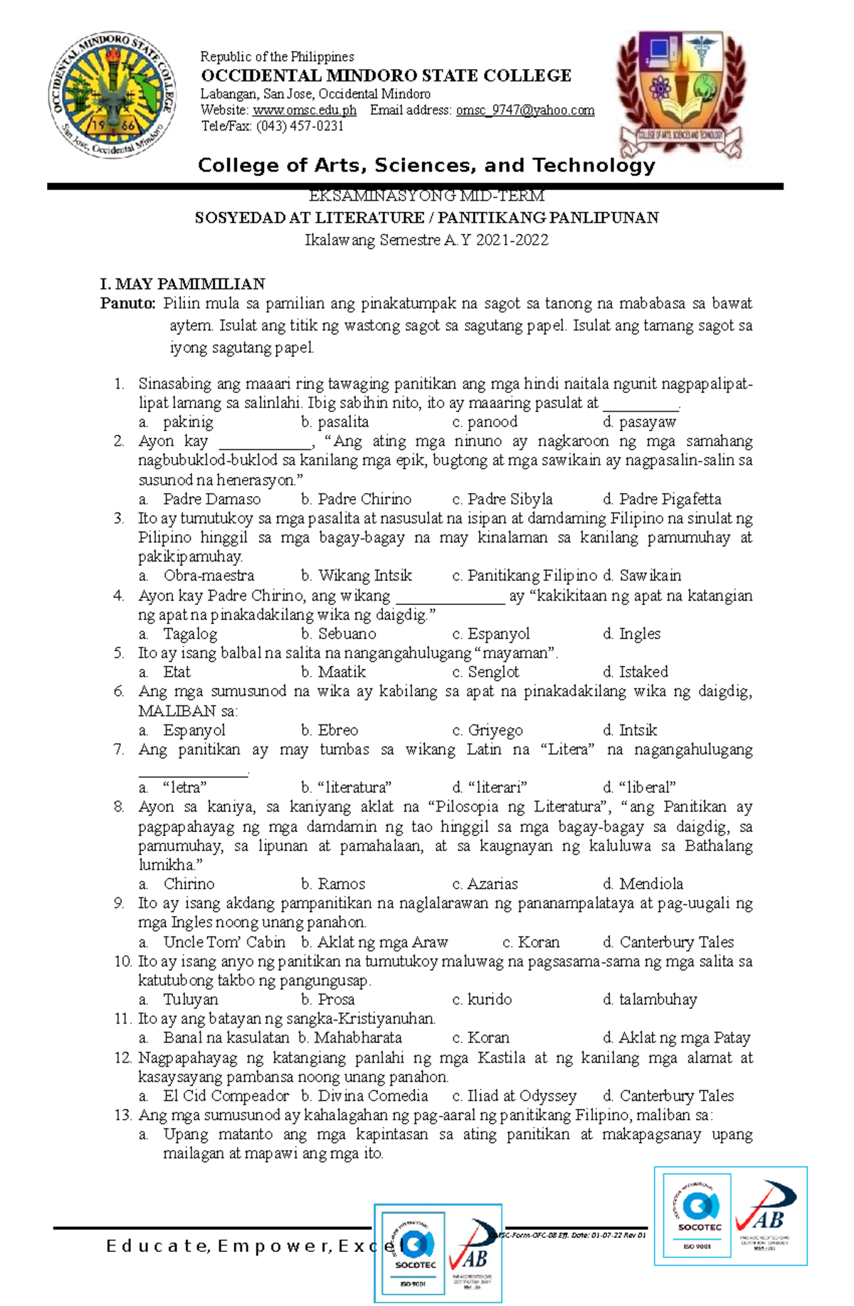 Filipino 2 Midterm Exam 2nd Semester: Panitikan at Literatura - Studocu