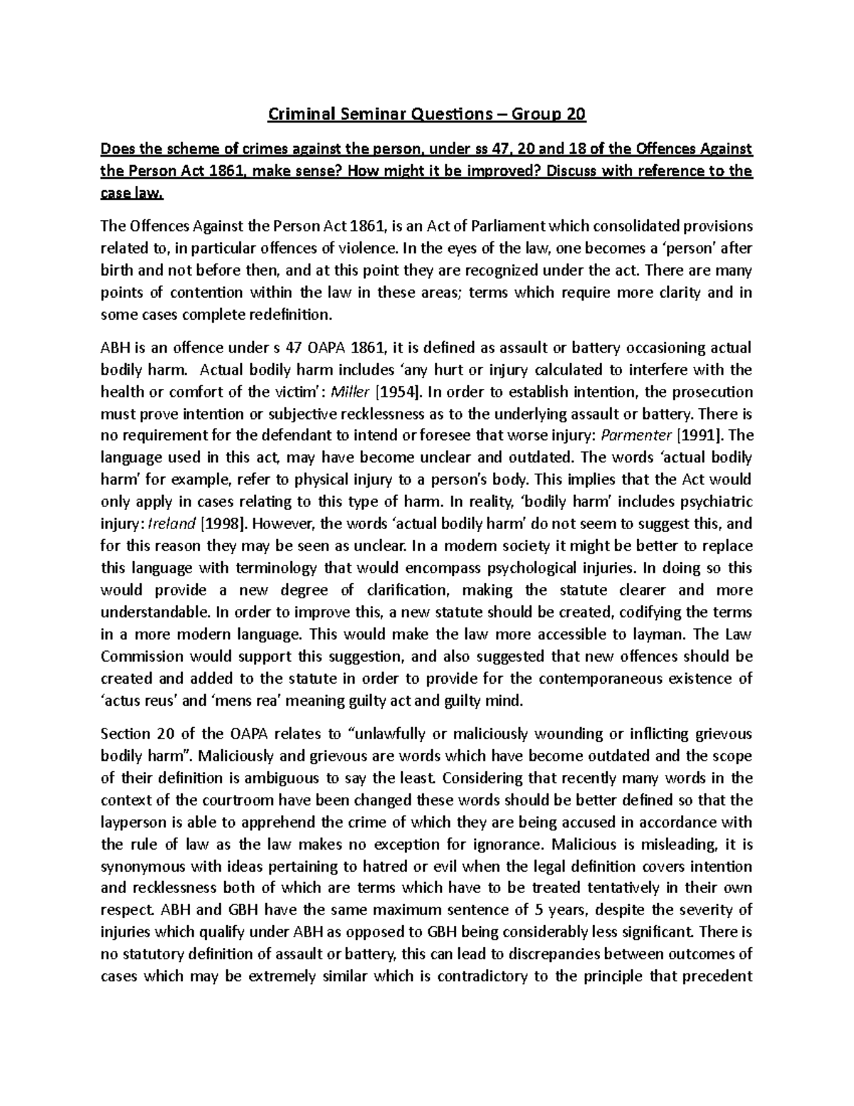 Criminal Seminar Qs: Evaluating OAPA 1861 (ss 18, 20, 47) Improvements ...