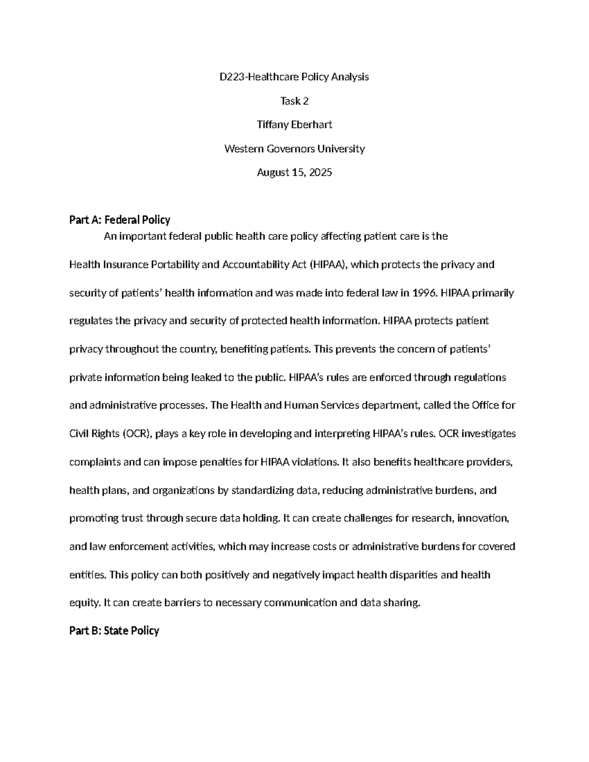 D223 Policy Analysis Task 2: Federal & State Health Policies - Studocu