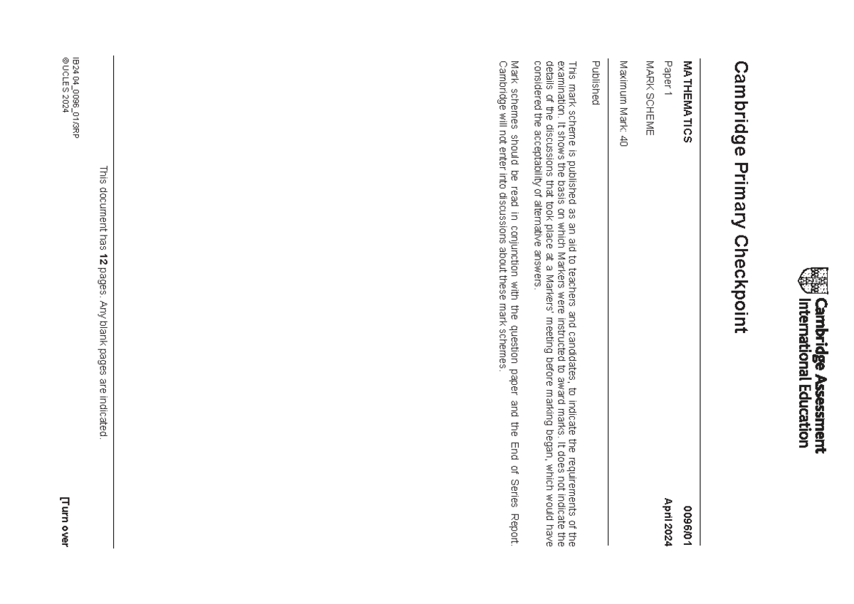 Cambridge Primary Checkpoint Mathematics Paper 1 April 2024 Mark Scheme ...