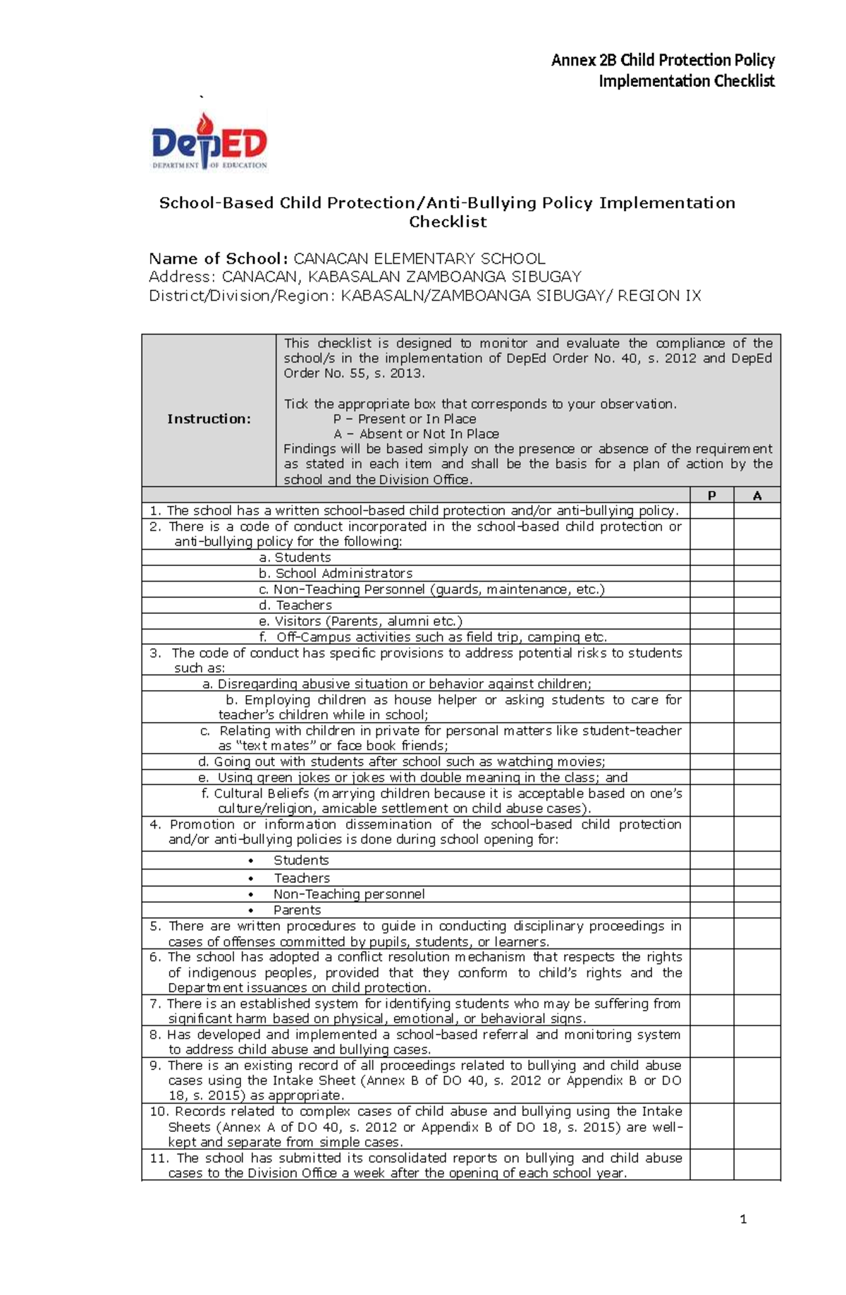 Child Protection Policy Implementation Checklist - CANACAN ES - Studocu