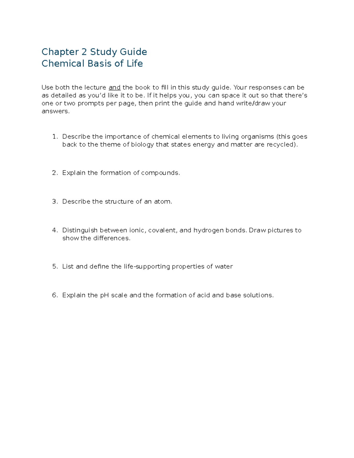Ch2 Study Guide: Chemical Basis of Life Concepts and Key Points - Studocu