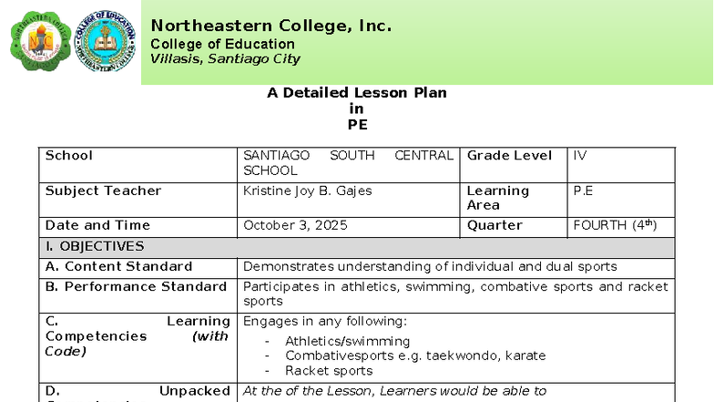 DLP in Individual and Dual Sports - PE 4th Grade Lesson Plan - Studocu