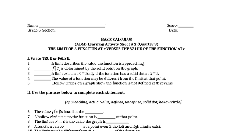 BASIC CALCULUS (ADM) Q3 Learning Activity Sheet 2: Limits & Functions ...