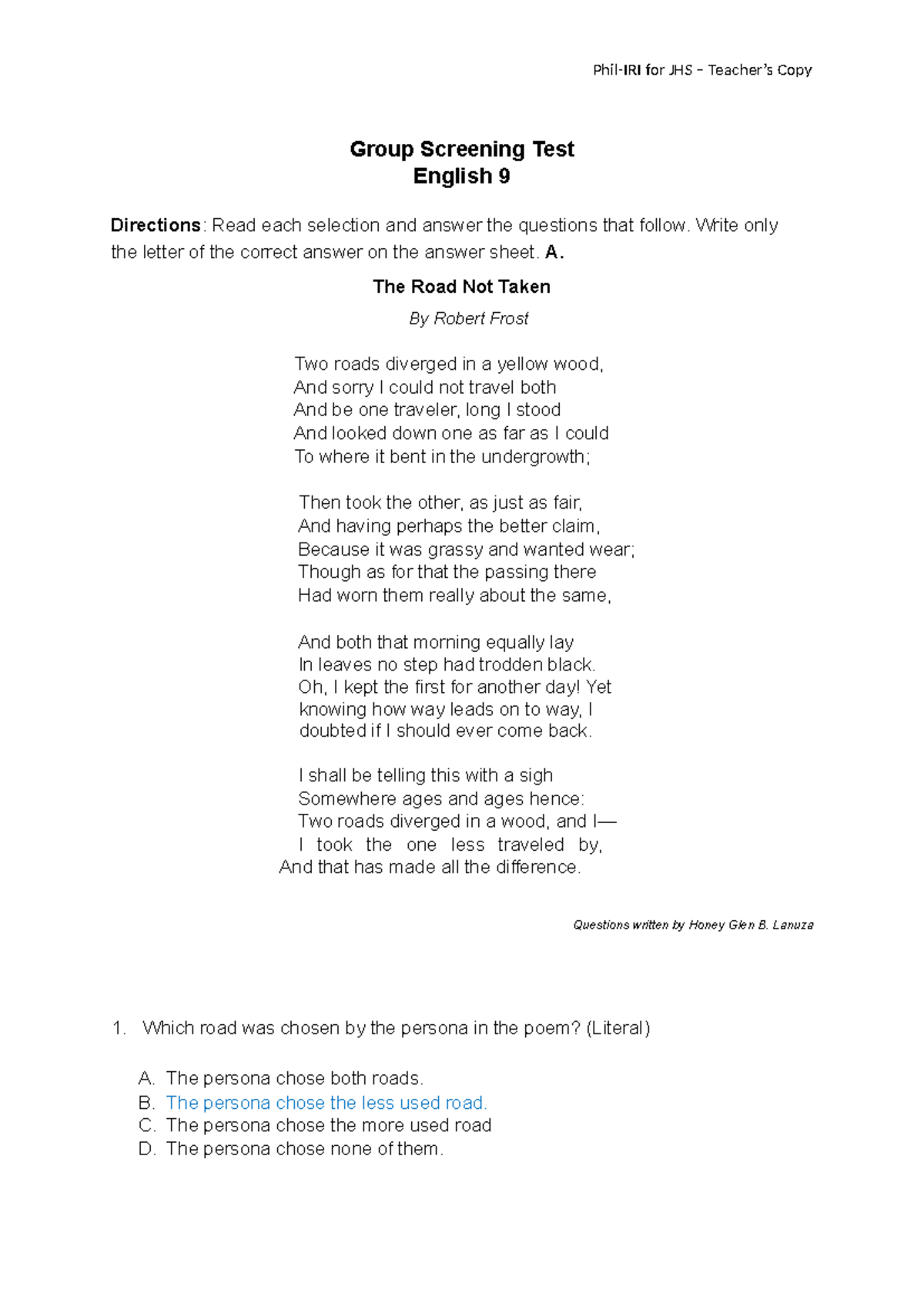 English 9: Group Screening Test - Poetic Analysis & Natural Phenomena ...