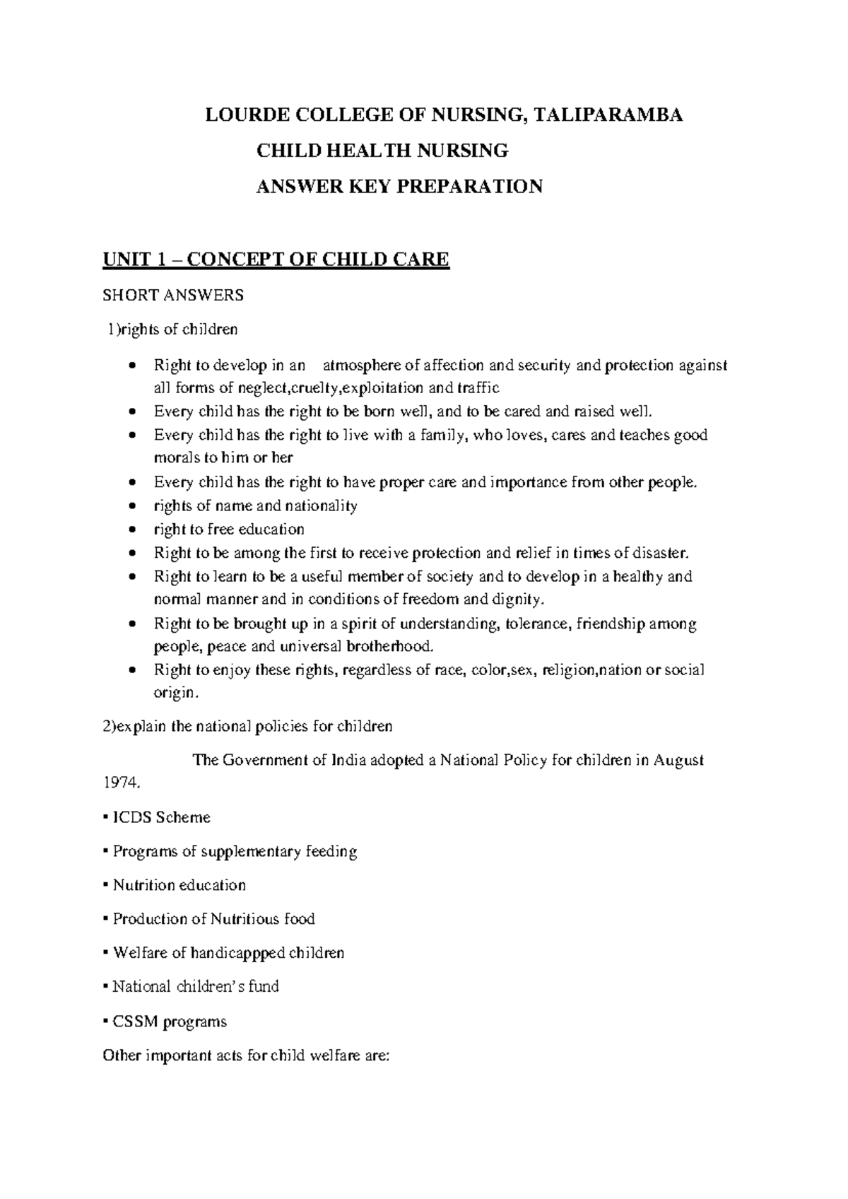 Child Health Nursing: Key Notes and Insights (NUR 101) - Studocu