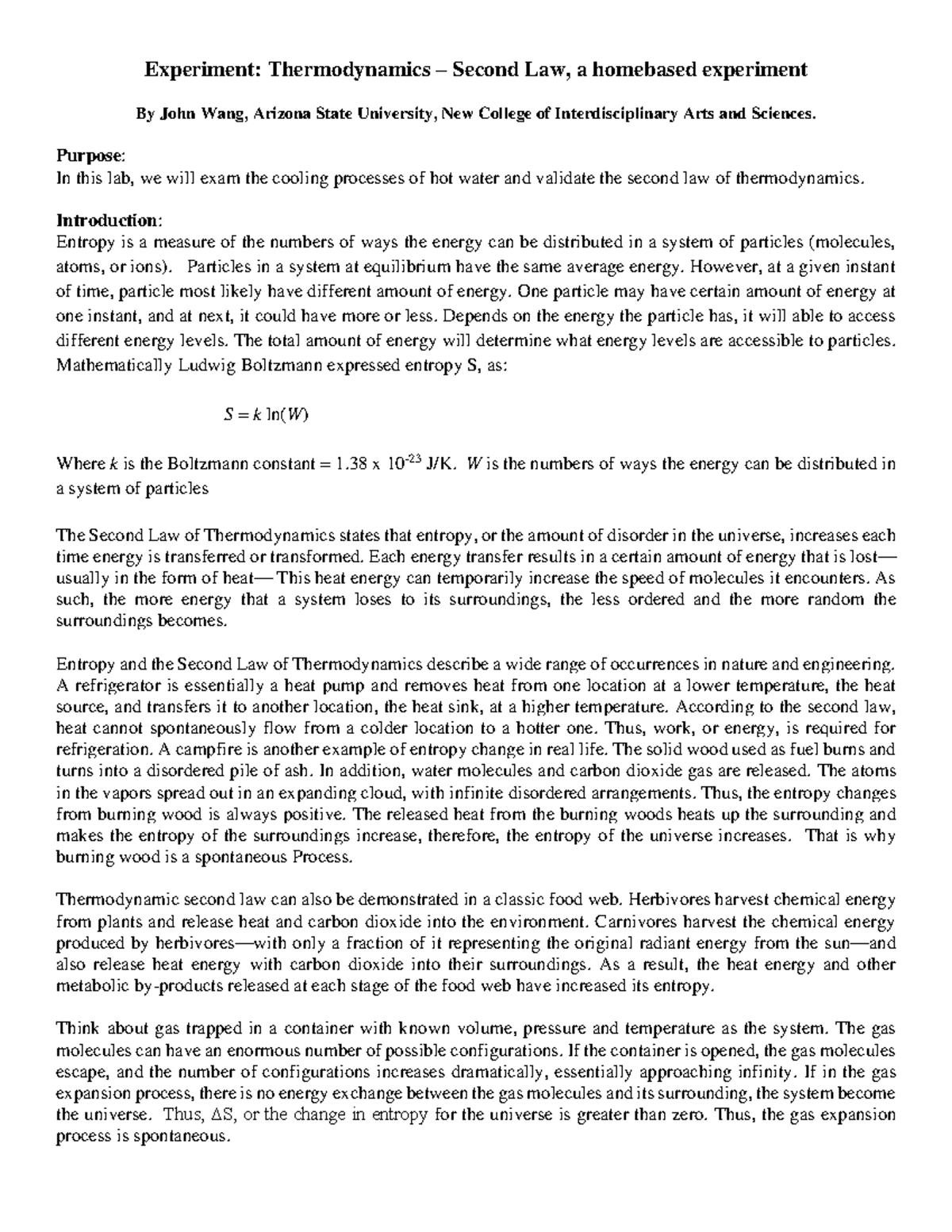 Thermodynamics lab report - Experiment: Thermodynamics – Second Law, a ...