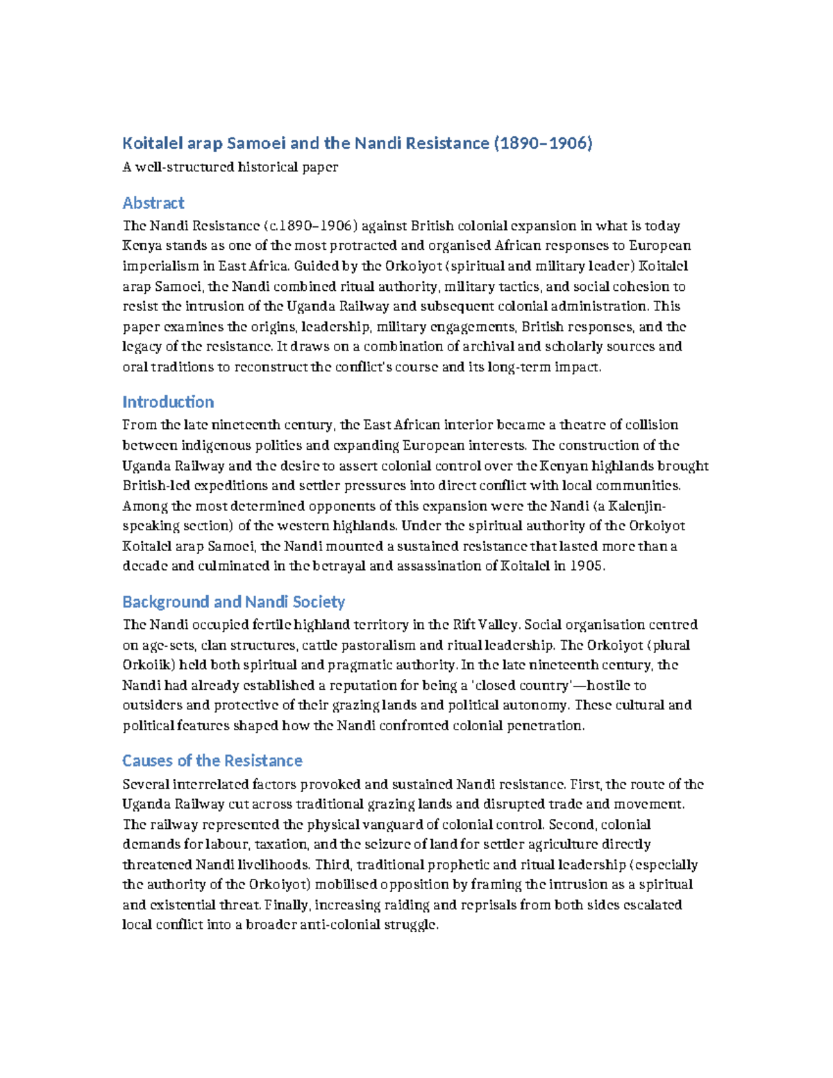 Nandi Resistance Against Colonialism: The Role of Koitalel arap Samoei ...