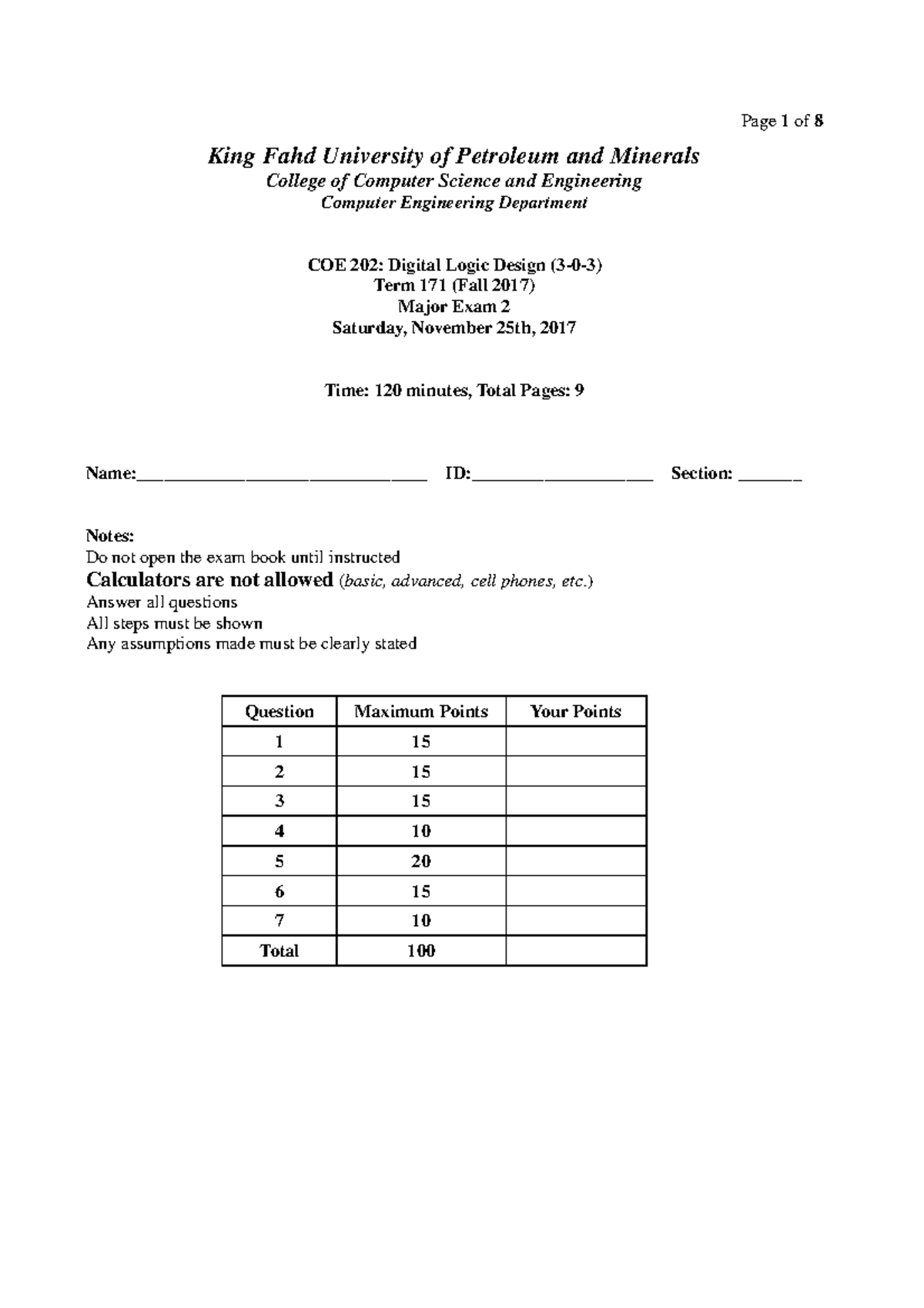 COE 202: Digital Logic Design Major Exam 2 - Fall 2017 - Studocu