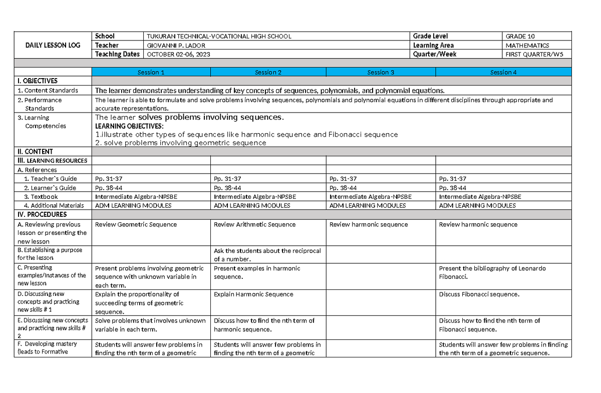 W5-Q1-G10: Daily Lesson Log for Grade 10 Math - Sequences & Polynomials ...