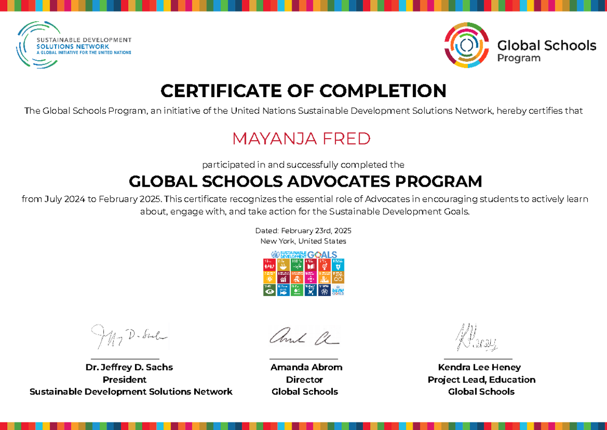 Mayanja FRED Global Schools Advocate Certificate - CERTIFICATE OF ...