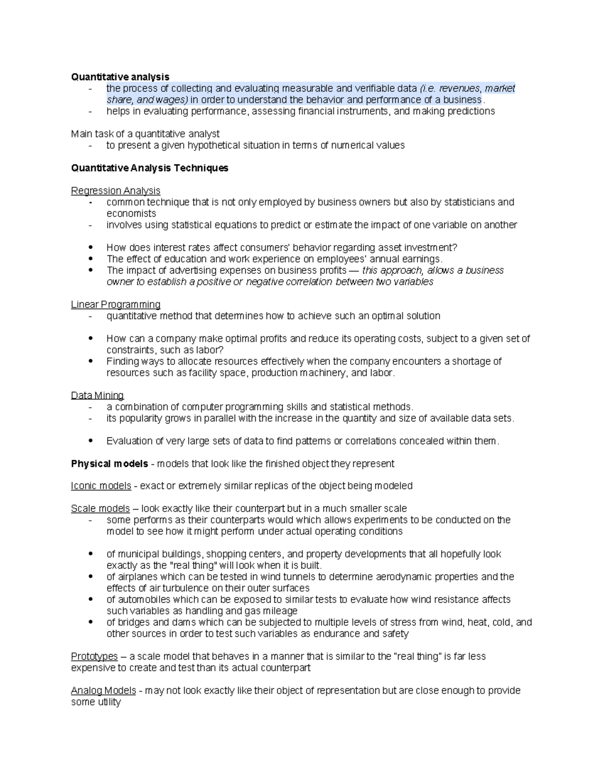 Management Science Summary: Quantitative Analysis Techniques and ...