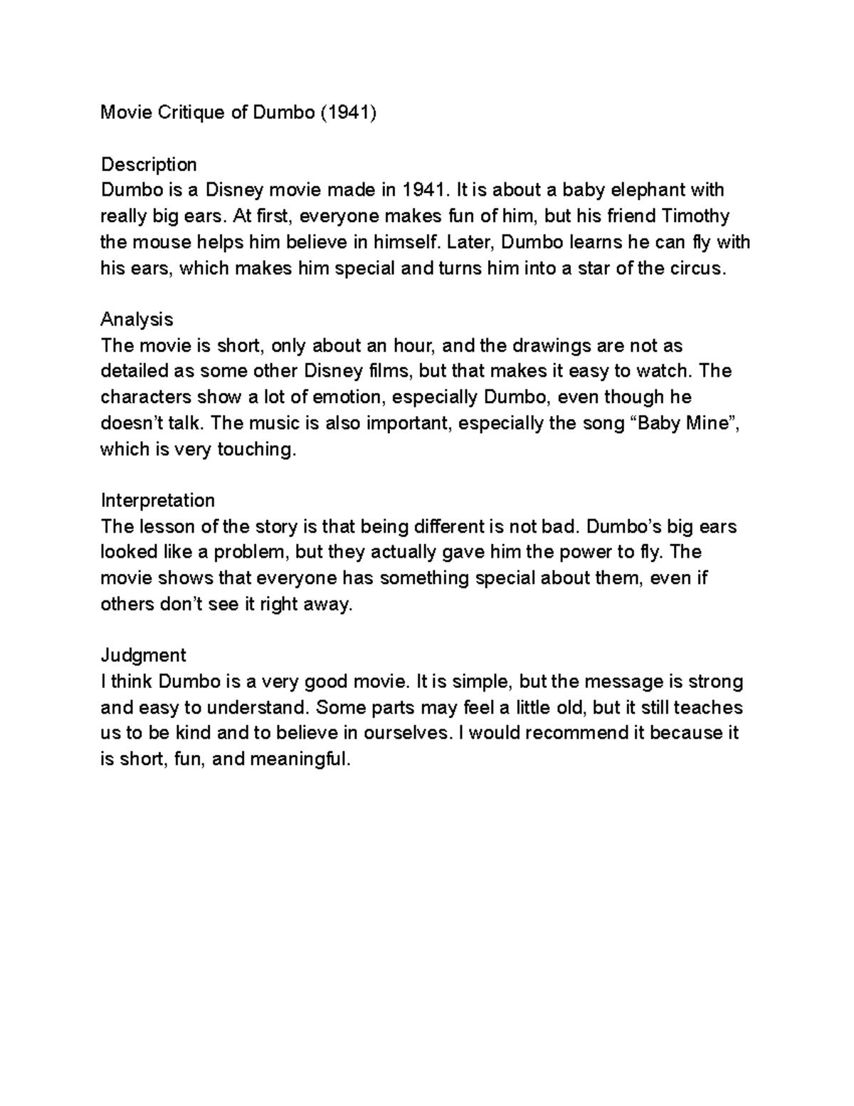 Dumbo (1941) Movie Review: A Heartfelt Critique of Self-Belief - Studocu