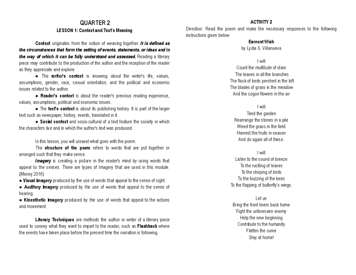 21st Century Literature Handout Lesson 1 - QUARTER 2 LESSON 1: Context ...