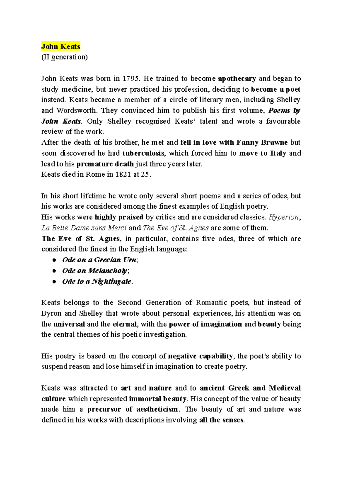 John Keats: Second Generation Romantic Poet - Maturità Exam Review ...