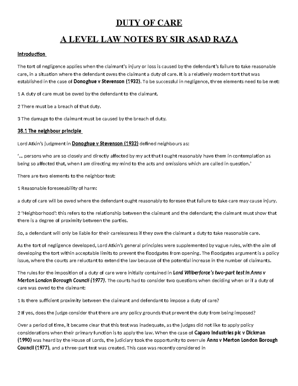 A Level Law Notes: Duty of Care Overview - 2 DUTY OF CARE - Studocu