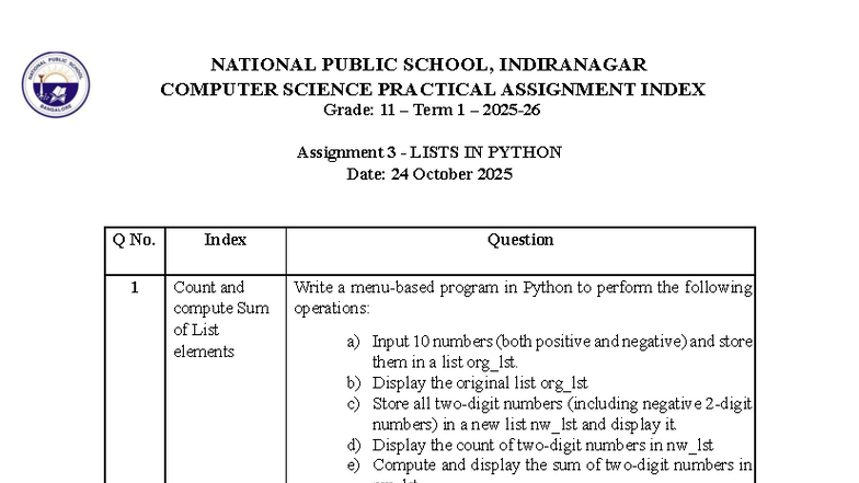 Grade 11 CS Practical Assignment 3: Lists in Python (2025-26) - Studocu
