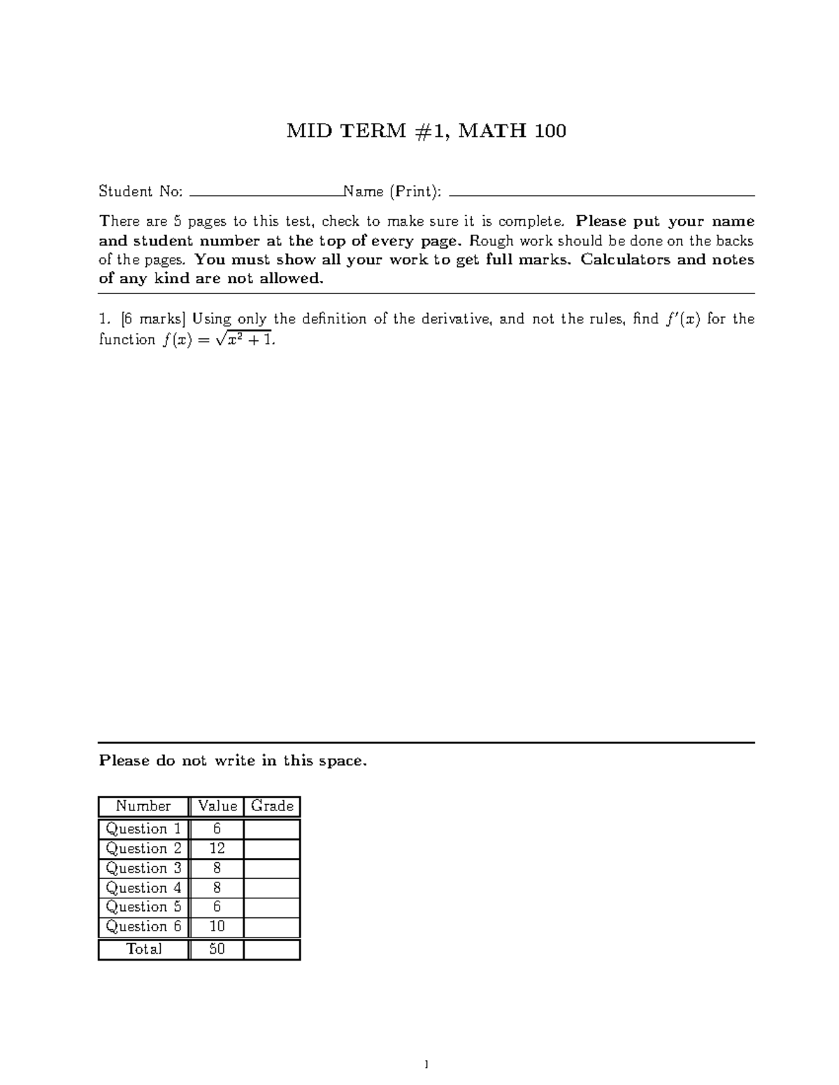 MATH 100: Midterm #1 Past Paper Review and Solutions - Studocu