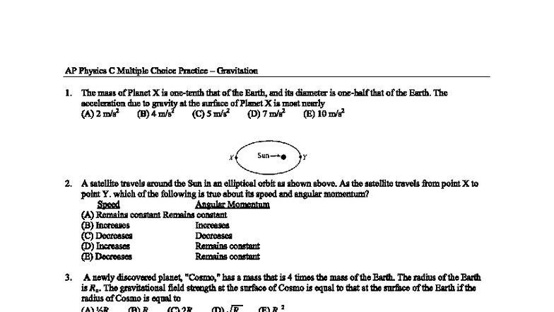 AP Physics C Gravitation Multiple Choice Practice Questions - Studocu