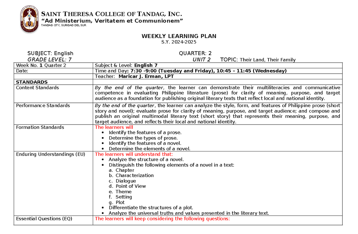 Quarter 2 - English 7 Weekly Learning Plan: Literature & Drama Elements ...