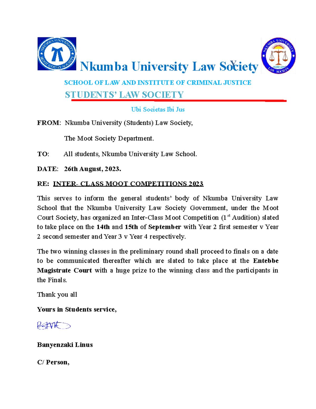 Nkumba University Inter-Class MOOT Competition Memo 2023 - Studocu