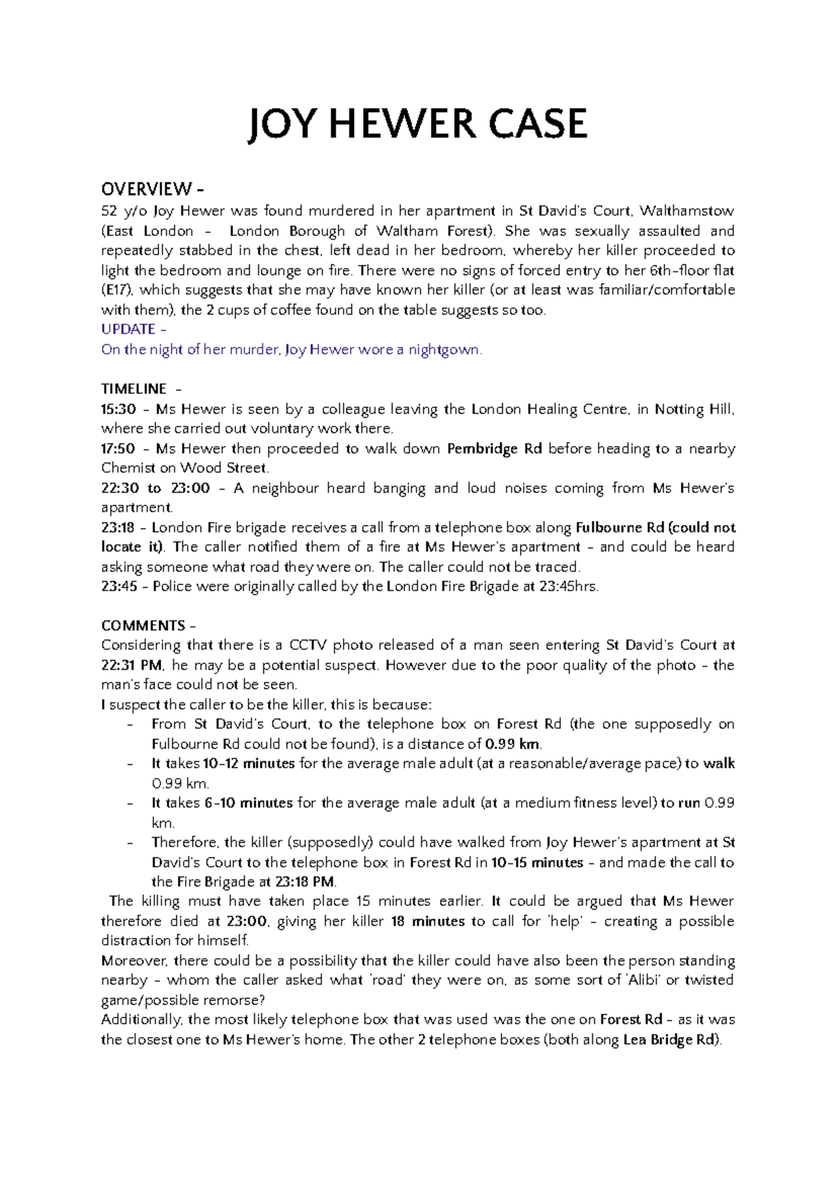 JOY HEWER CASE STUDY: MURDER TIMELINE & ANALYSIS - Studocu
