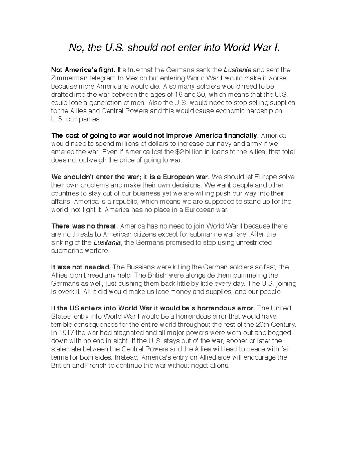 Fishbowl Discussion: Arguments Against U.S. Entry into WWI - Studocu