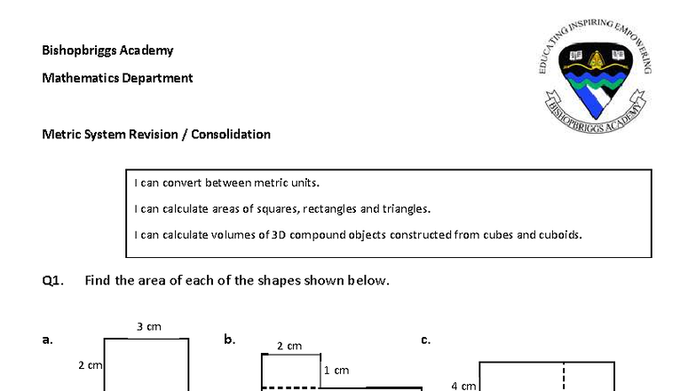 S1 Mathematics Metric System Revision & Area/Volume Calculations - Studocu
