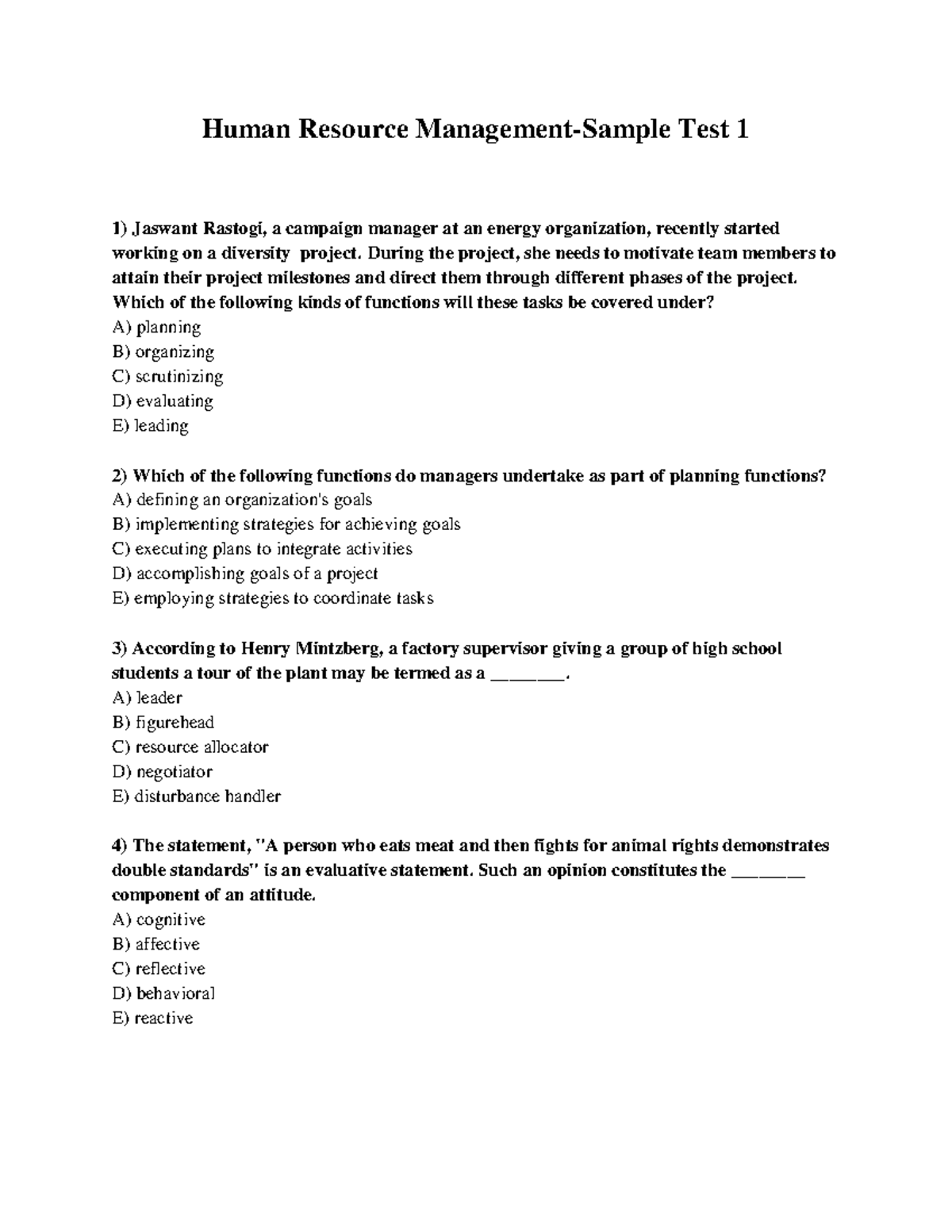 HRM 01: Sample Test on Human Resource Management Concepts - Studocu