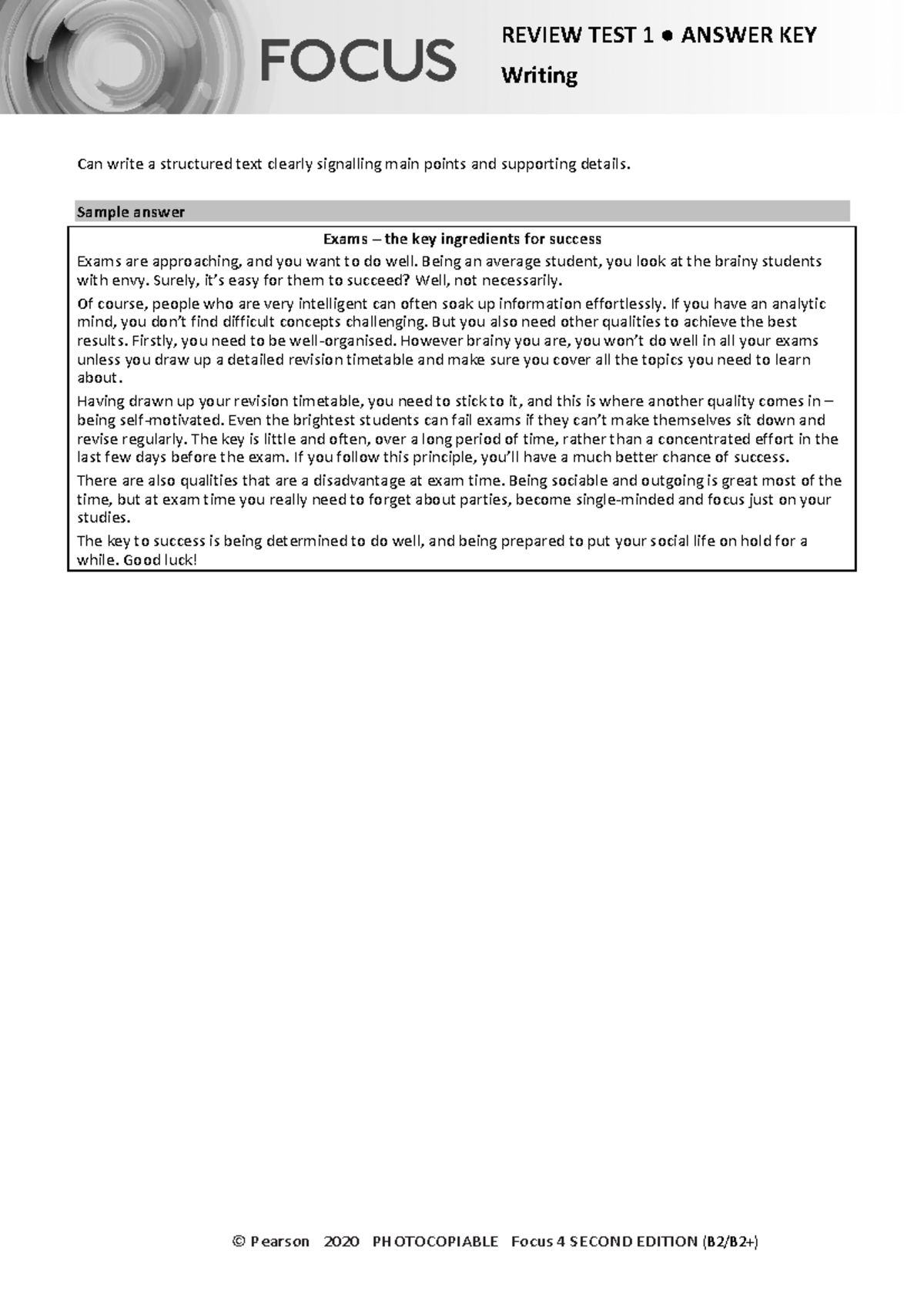 Focus 4 2E Review Test 1 Units 1 2 Writing Answers - © Pearson 2020 ...