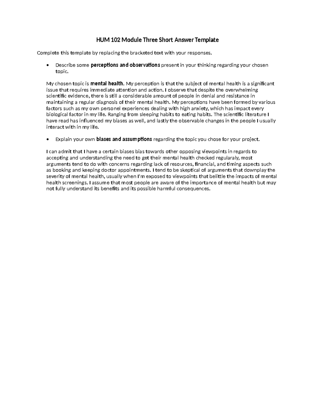 HUM 102 Module Three Short Answer: Mental Health Insights - Studocu