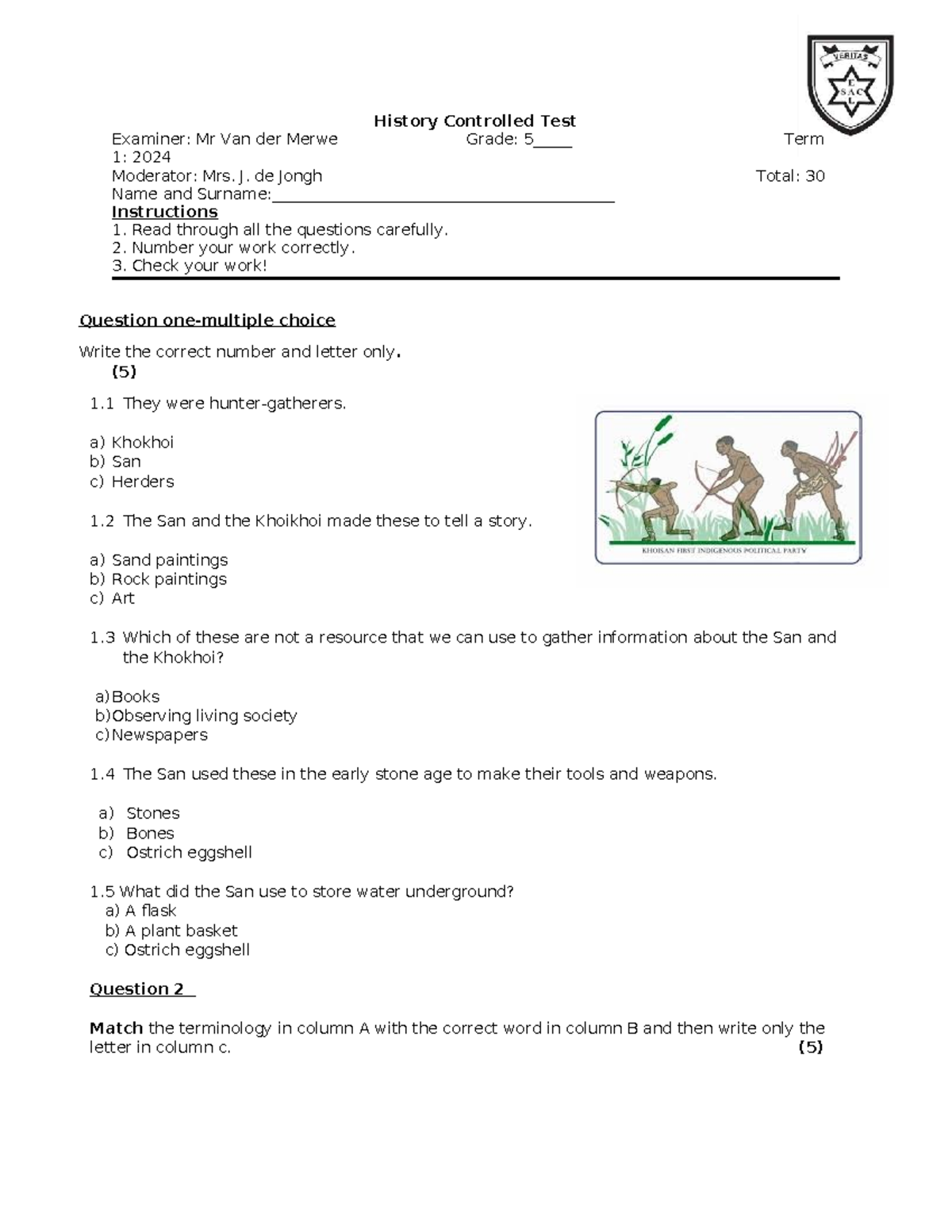 SS History Controlled Test T1 - Grade 5 Term 1 Exam 2024 - Studocu