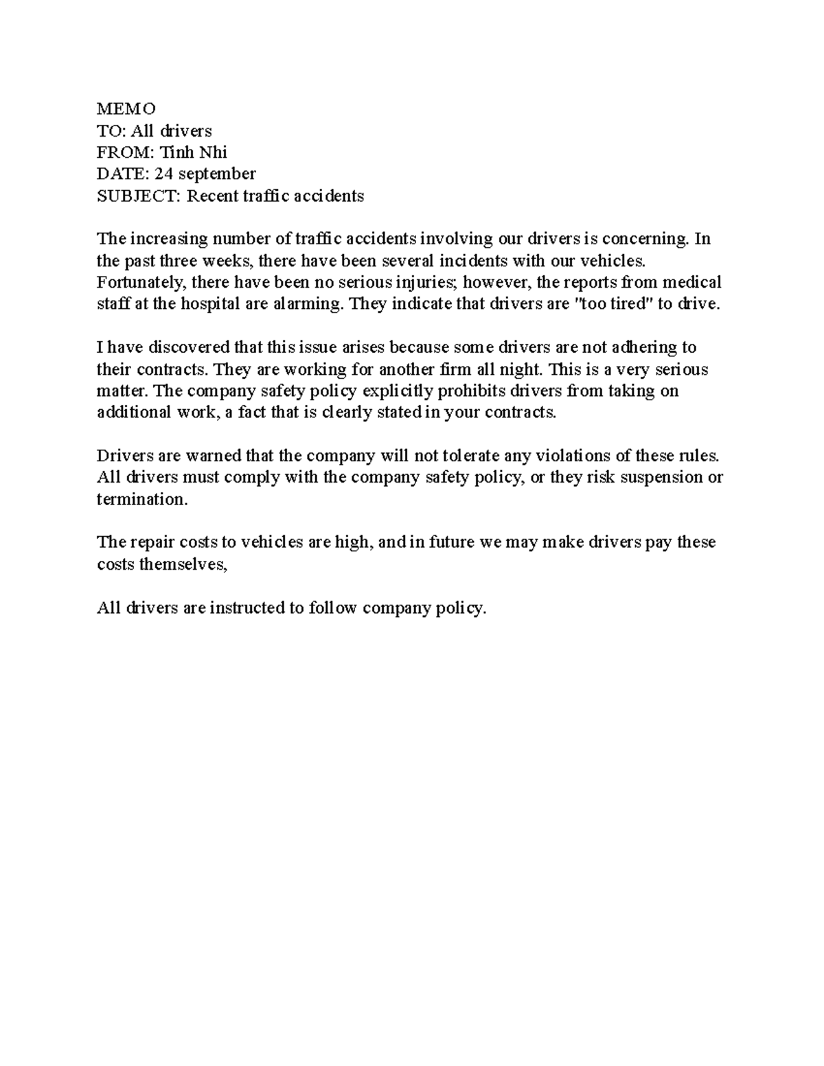 Memo- Situation 2- Duong Tinh Nhi - MEMO TO: All drivers FROM: Tinh Nhi ...
