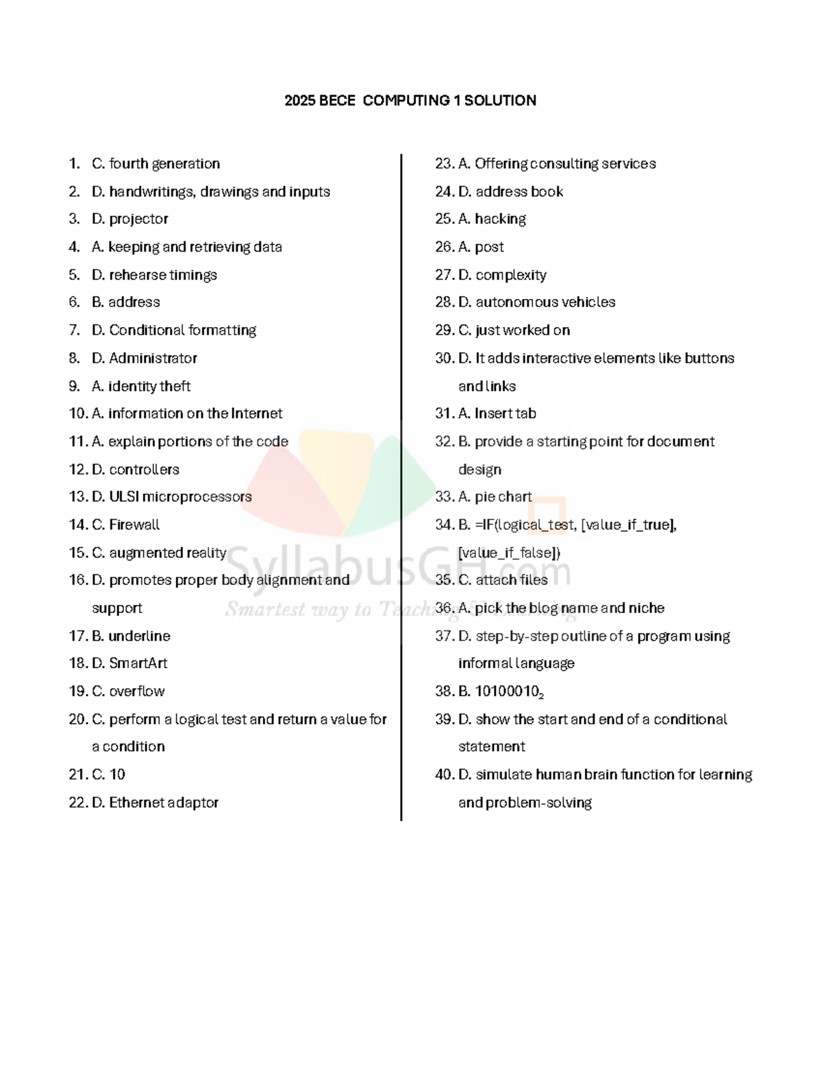 2025 BECE Computing 1 Solutions: Comprehensive Guide - Studocu