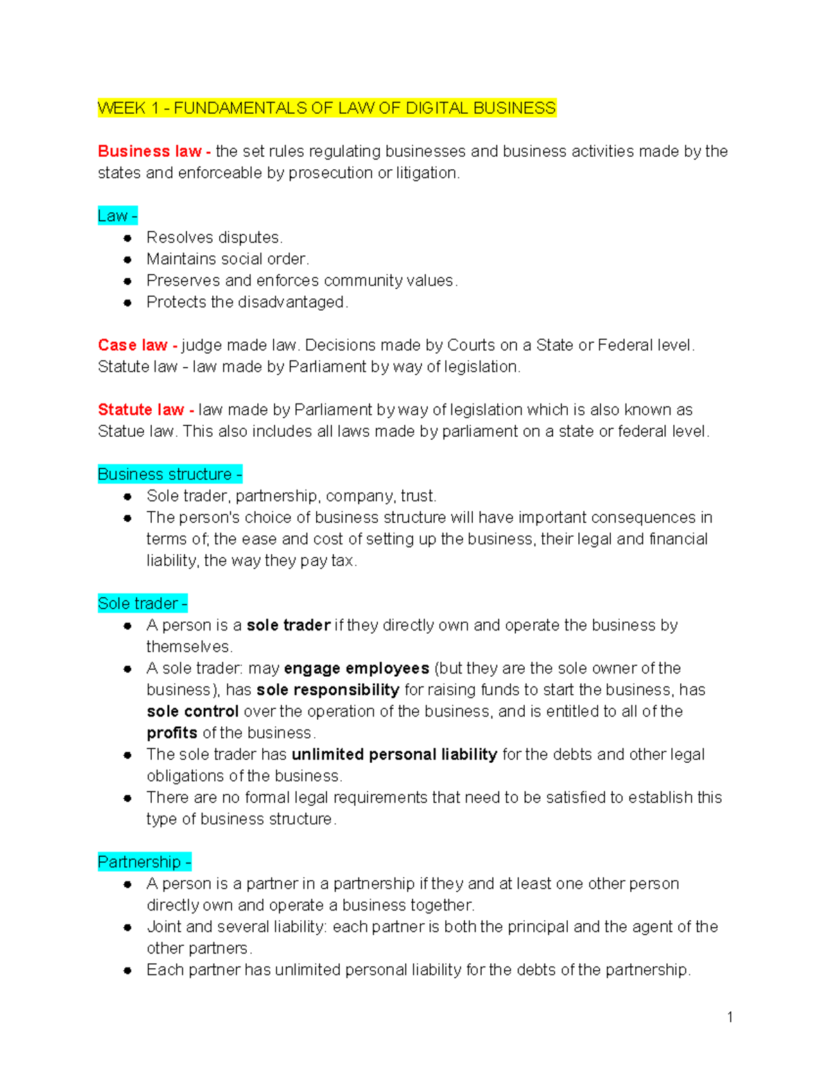 WEEK 1 & 2: FUNDAMENTALS OF DIGITAL BUSINESS LAW & PRIVACY PRINCIPLES ...