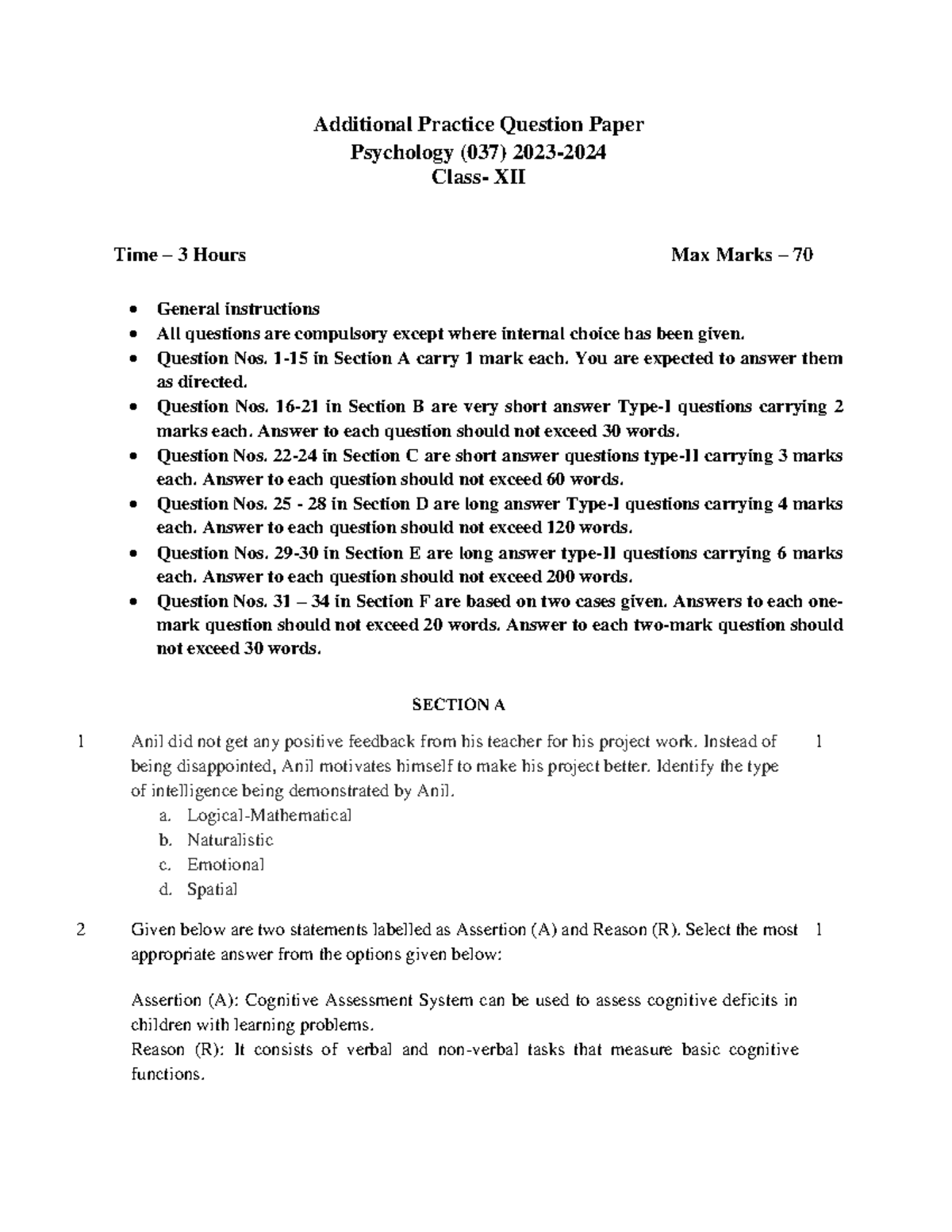 Psychology practice QP - Additional Practice Question Paper Psychology ...