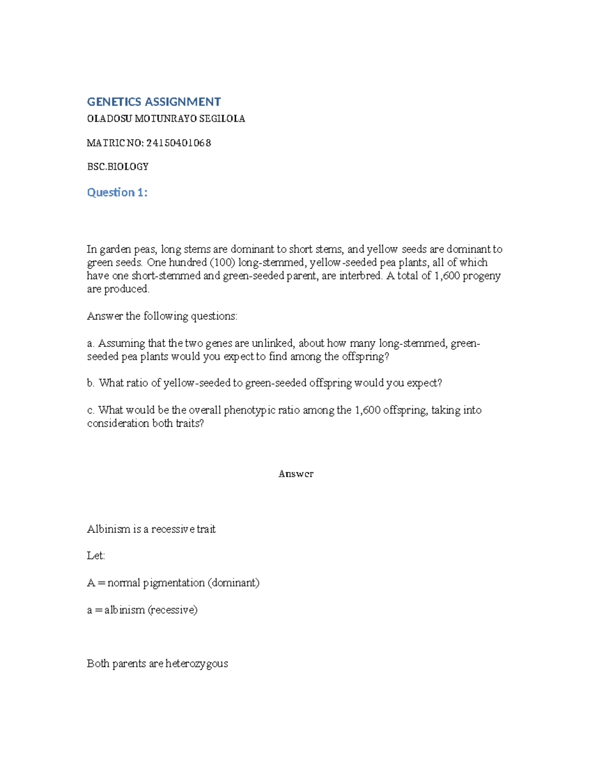 Genetics Assignment: BSC Biology - Oladosu Motunrayo - Studocu