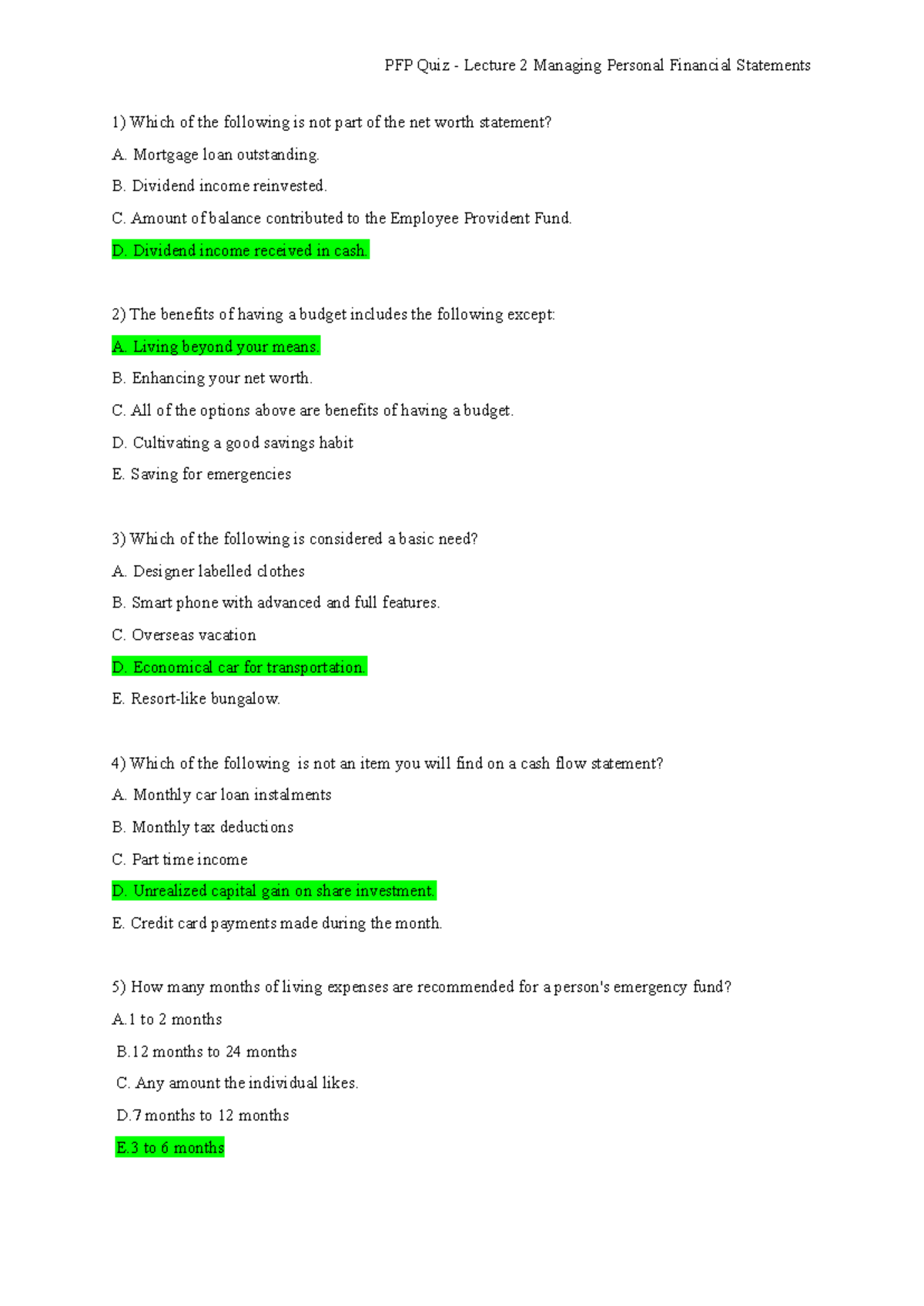 PFP Quiz - Lecture 2: Managing Personal Financial Statements Insights ...