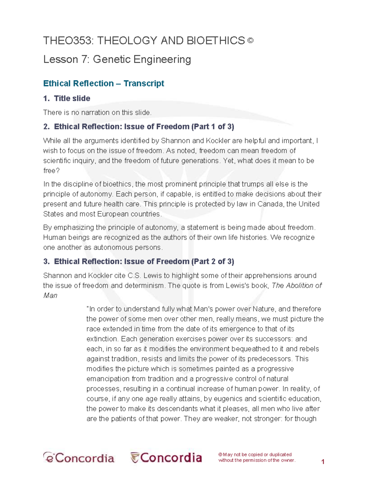 THEO353: Lesson 7 Ethical Reflection on Genetic Engineering - Studocu