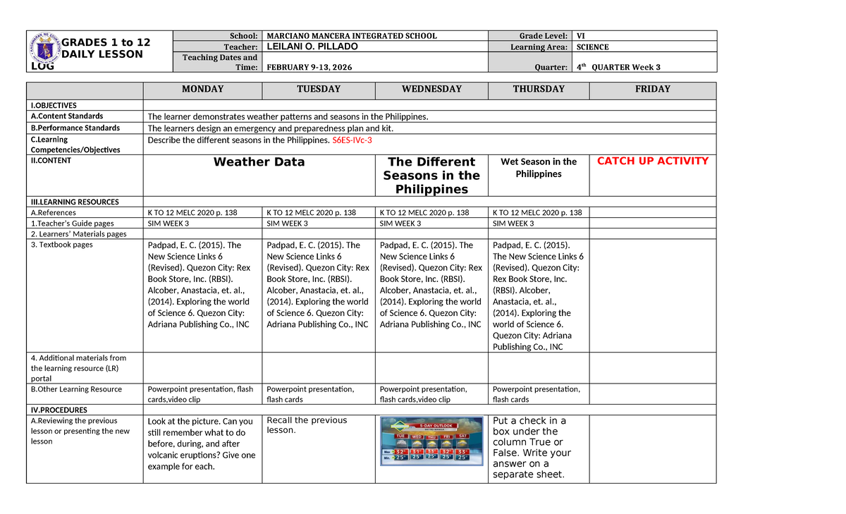 DLL Science 6 Q4 W3 - Daily Lesson Plan on Weather Patterns - Studocu