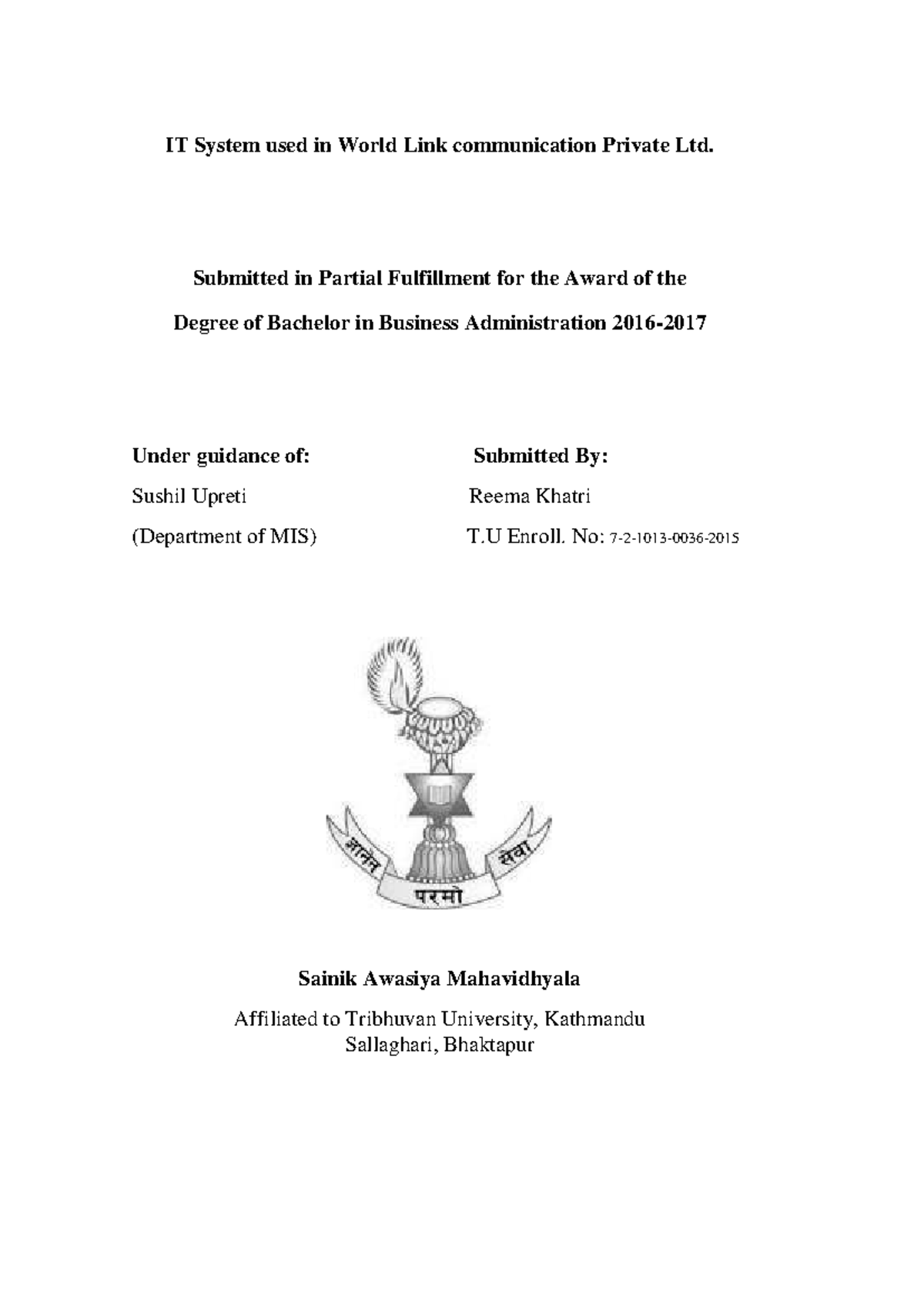 IT System Analysis of World Link Communication Pvt. Ltd. - BBA Project ...